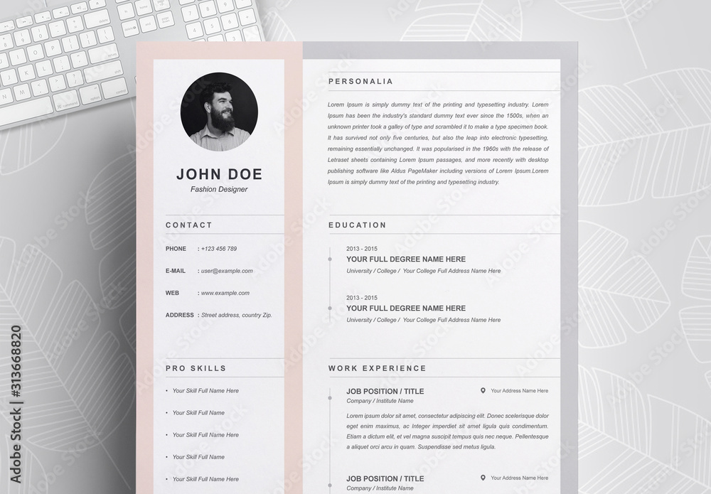 Pink and Gray Resume and Cover Letter Layout Set Stock Template | Adobe ...