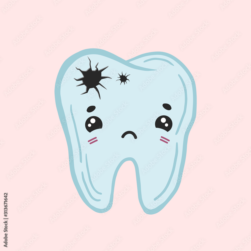 Tooth with caries. Color vector drawing of a sick tooth. Kawaii rusty ...