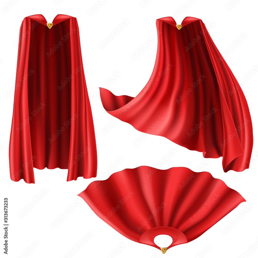 Red superhero cape, cloak with golden pin front and top view. Flying ...