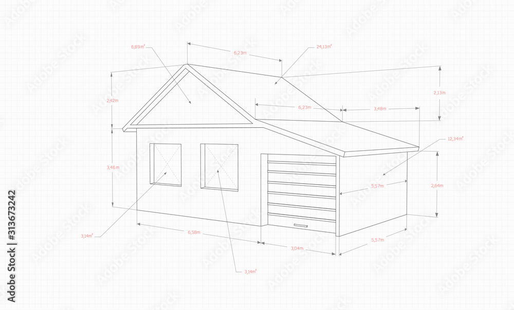 Technical drawing of a house with a garage, on a plane with size ...