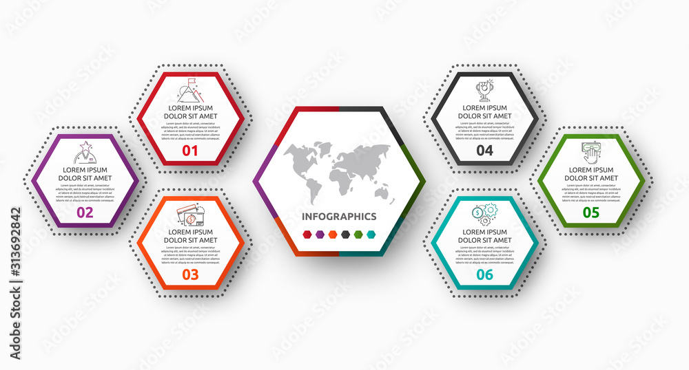 Vector infographic with main pentagon and 5 small pentagons. Used for ...