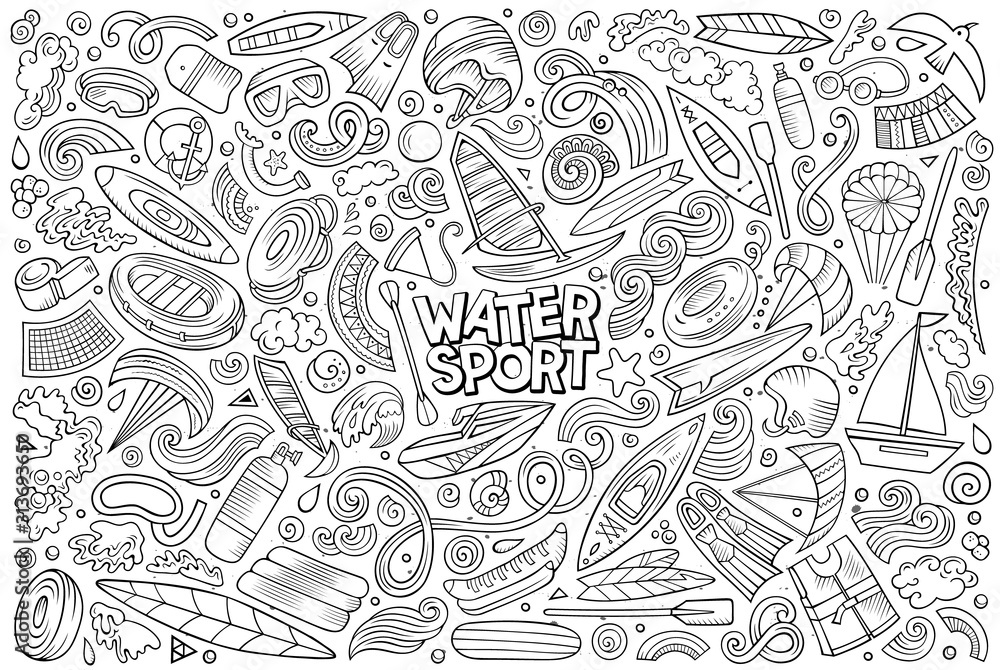 Vector doodle cartoon set of Water sport objects and symbols Stock ...