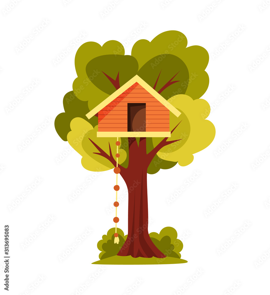 Tree house. Children playground with swing and ladder. Flat style ...