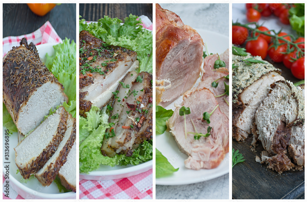 Collage of diverse food. A variety of meat dishes. The balance of ...