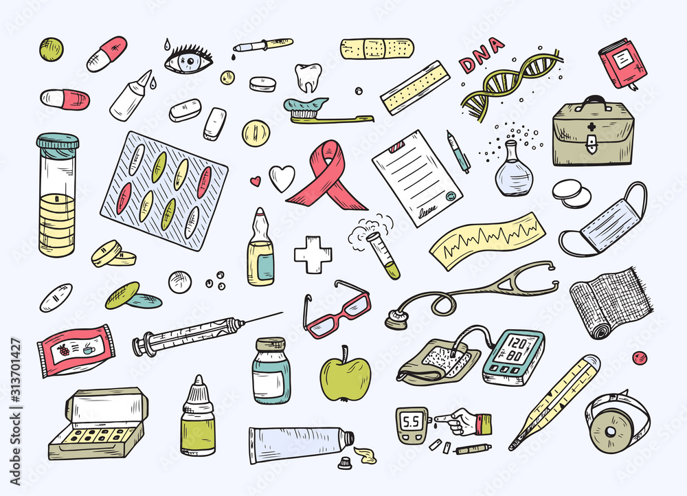 Healthcare and Medicine Vector Set. Hand Drawn Doodle Health items ...