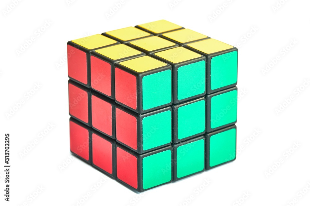 BUDAPEST, HUNGARY - CIRCA 2019: Solved Rubik's cube logic game on white ...