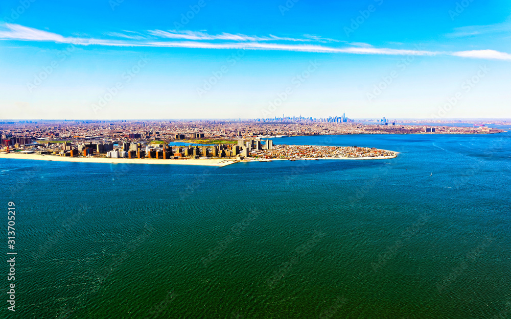 Aerial view from helicopter on Long Island in New York city area ...