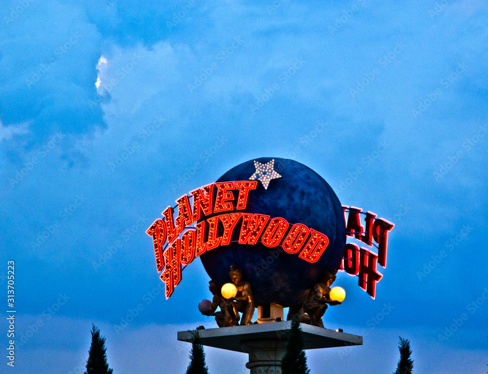 Planet Hollywood globe on the Las Vegas Strip in the late afternoon in ...