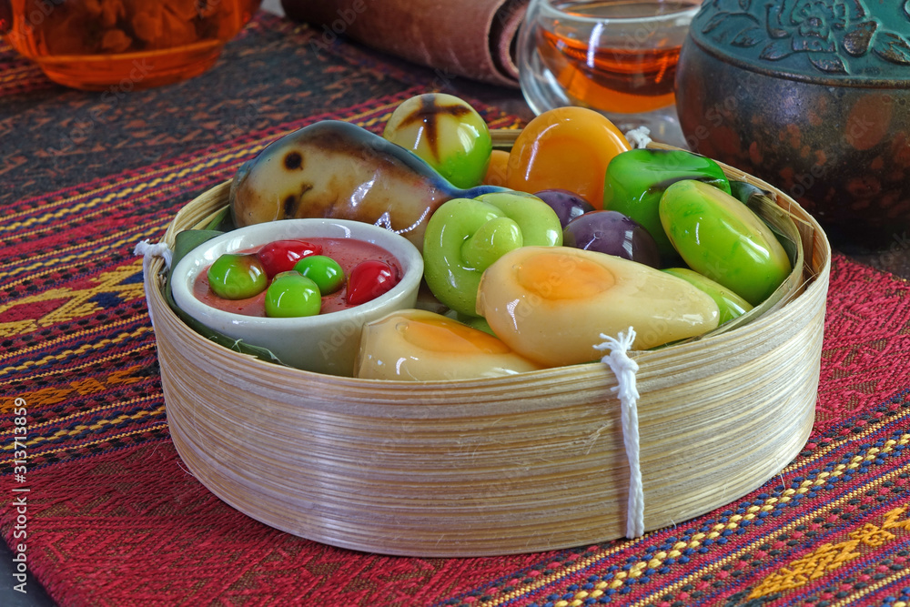 Kanom Look Choup (Marzipan), famous Thai dessert in Shaped of Fried ...