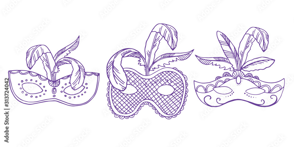 Masquerade masks with feathers. Hand drawn stylized outline ...