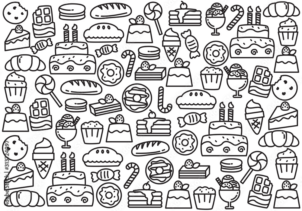 Set of cake and dessert doodle vector illustration with cute design ...