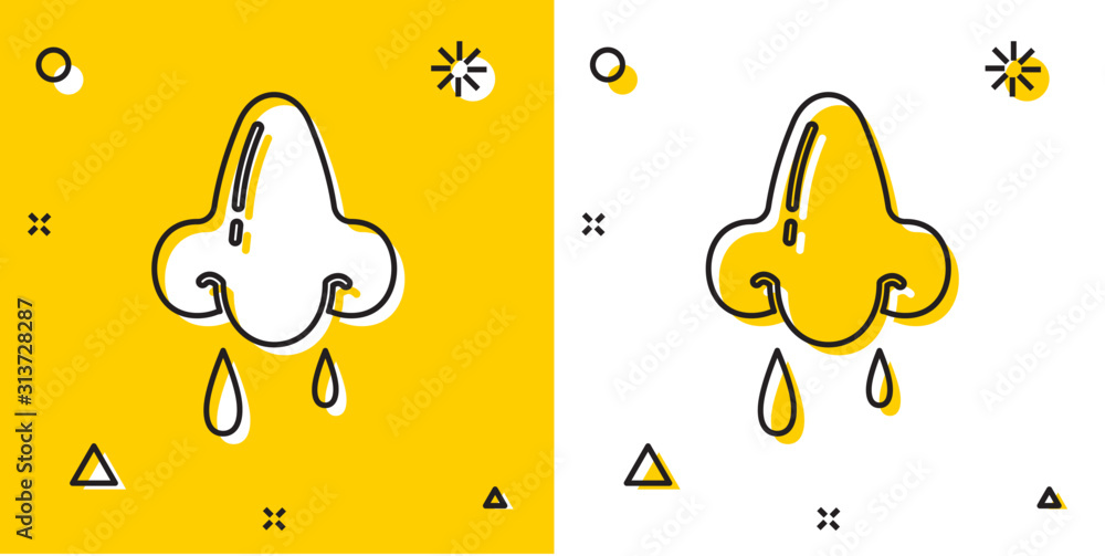 Black Runny nose icon isolated on yellow and white background. Rhinitis ...