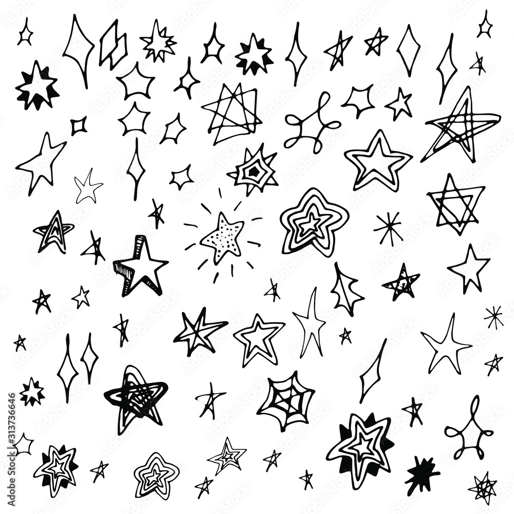Big cute set of stellar design elements in doodle style with sun, comet ...