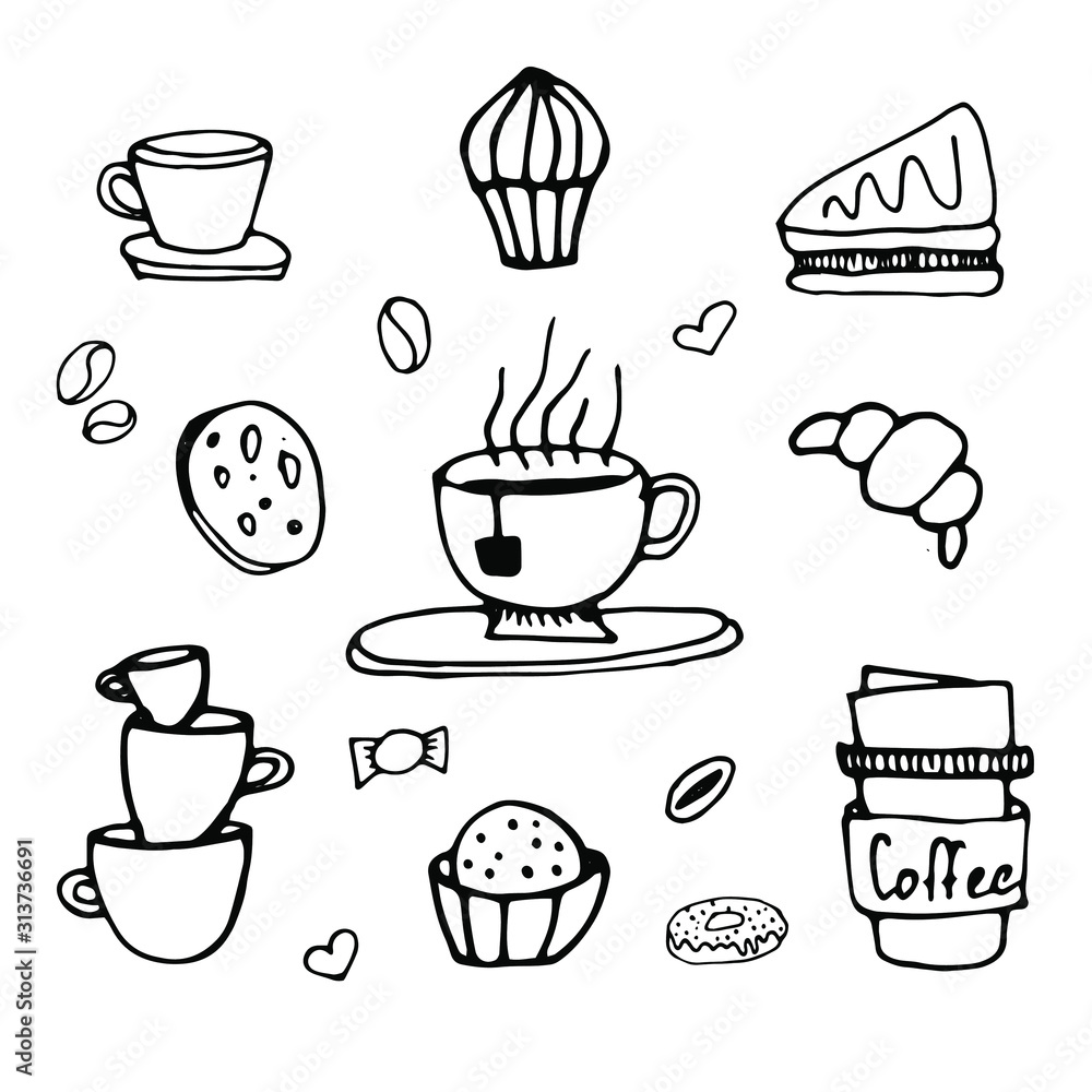 Cute doodle coffee shop icons. Tea, cupcake, sandwich, croissant ...