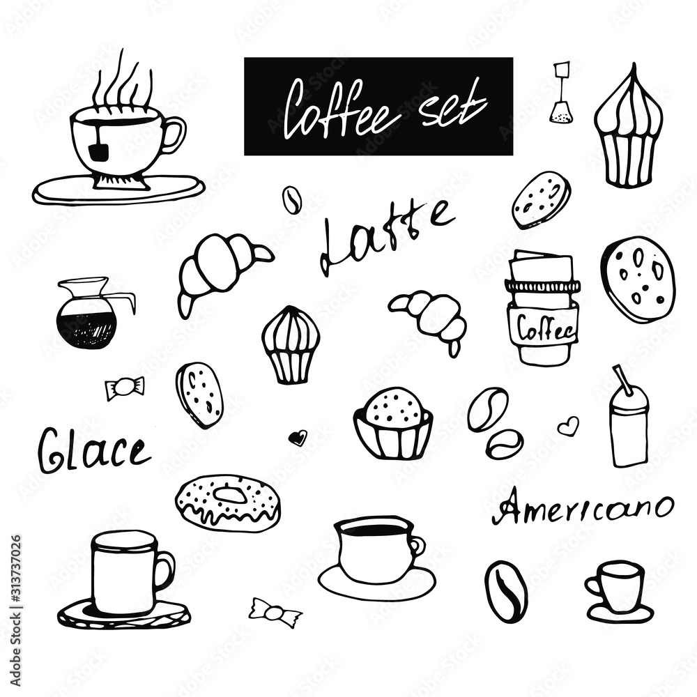 Cute doodle coffee shop icons. Croissant, donut, cookies, cupcake ...