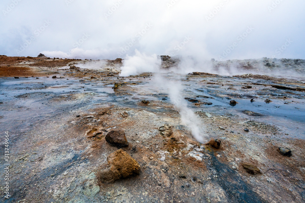 Hot sulfuric steam vent spewing sulphur steam in the hot sulfuric and ...