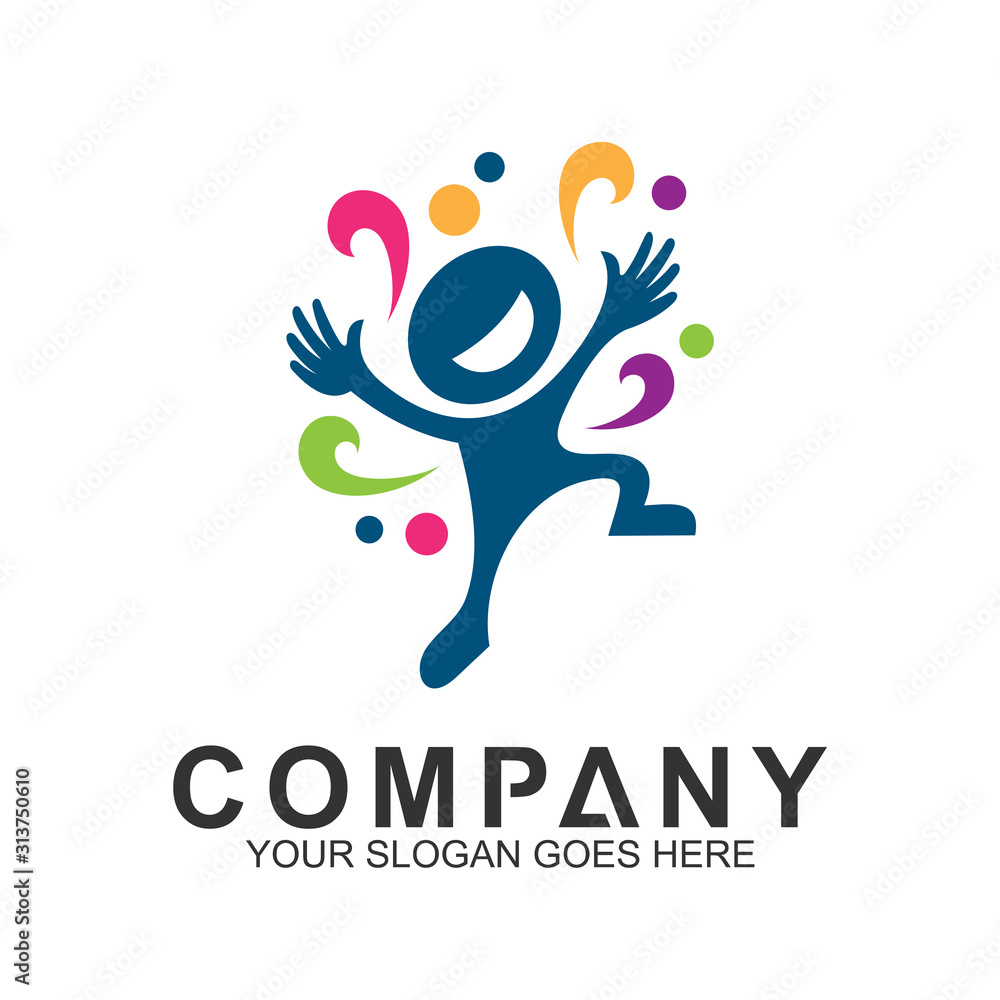playful people with colorful wave, fun and happy kid logo design vector ...