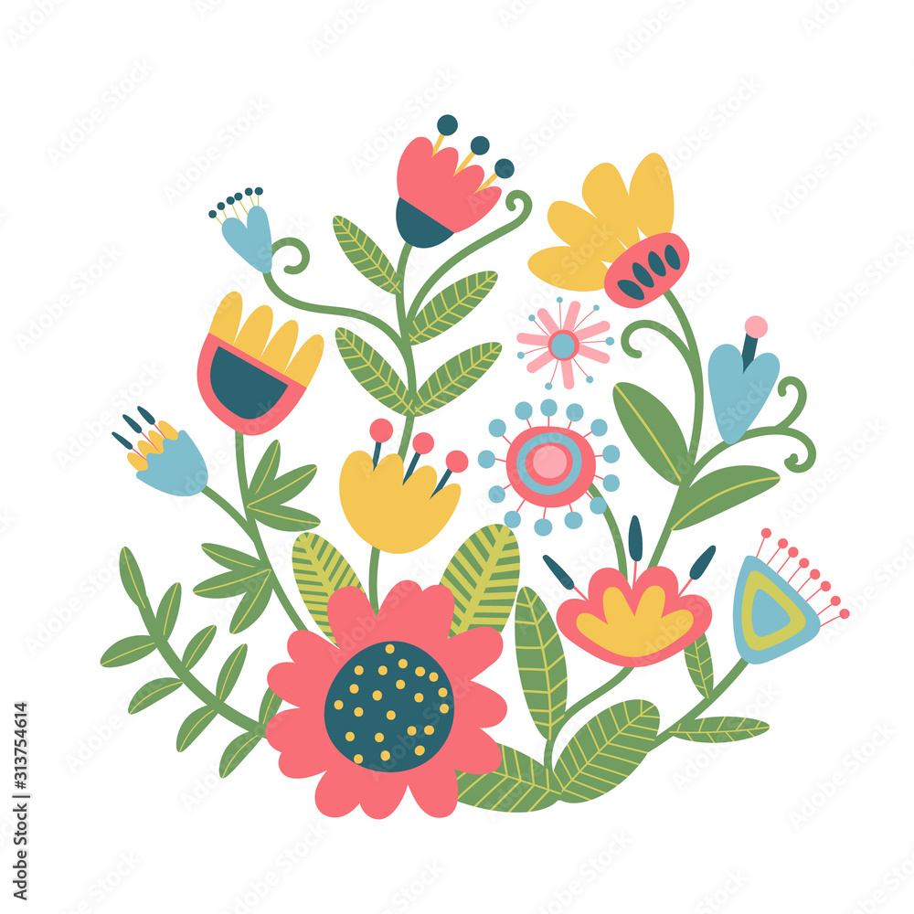 Floral bouquet of hand drawn fantasy folk flowers. Botanical ...