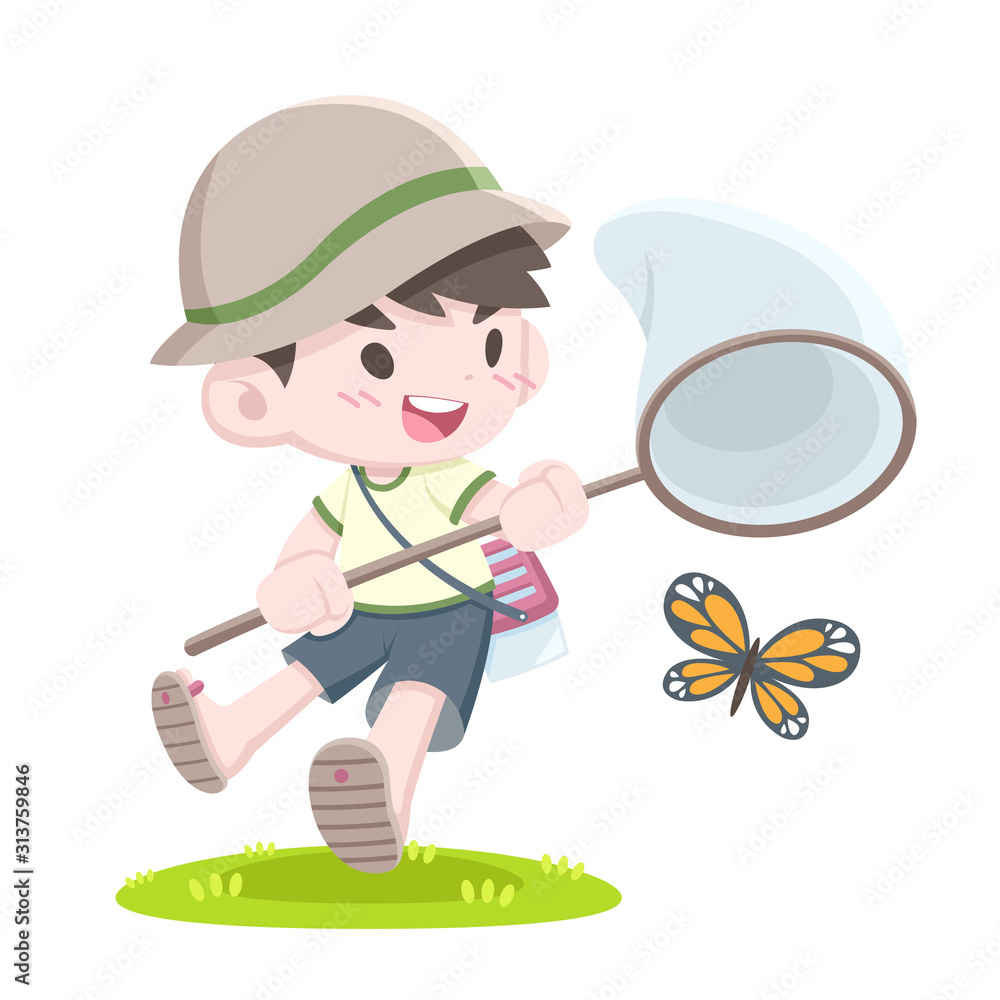 Cute cartoon style little Japanese bug catcher boy catching butterfly ...