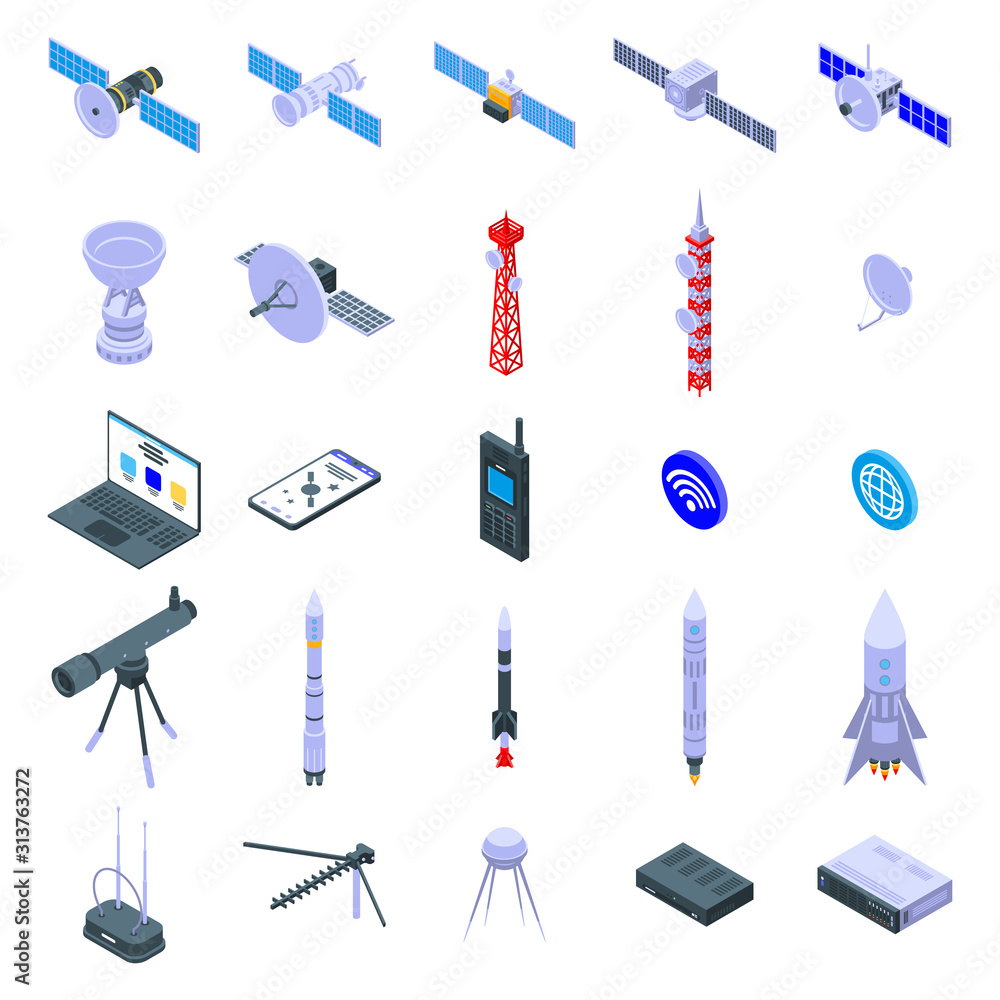 Satellite icons set. Isometric set of satellite vector icons for web ...