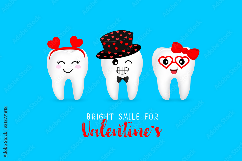 Cute cartoon tooth character with heart. Bright smile for Valentine's ...