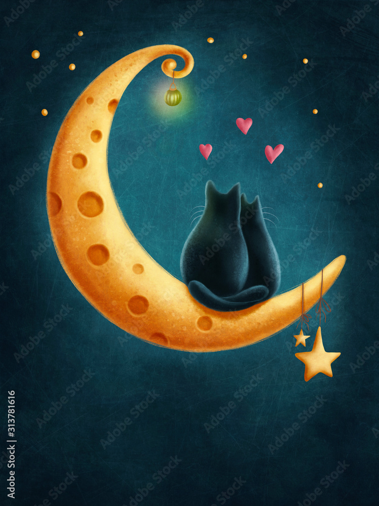 Cats on the moon Stock Illustration | Adobe Stock