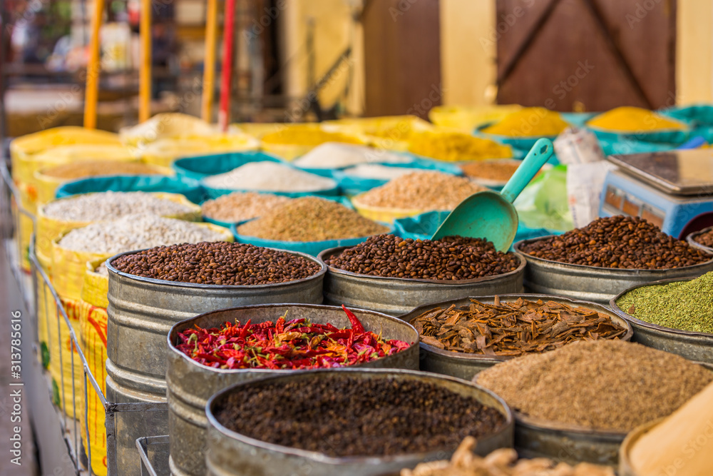 Coffee beans and spices from a moroccan market in the Medina of Fes ...