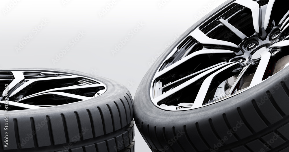 Wheels with modern alu rims on white background, close-up banner Stock ...