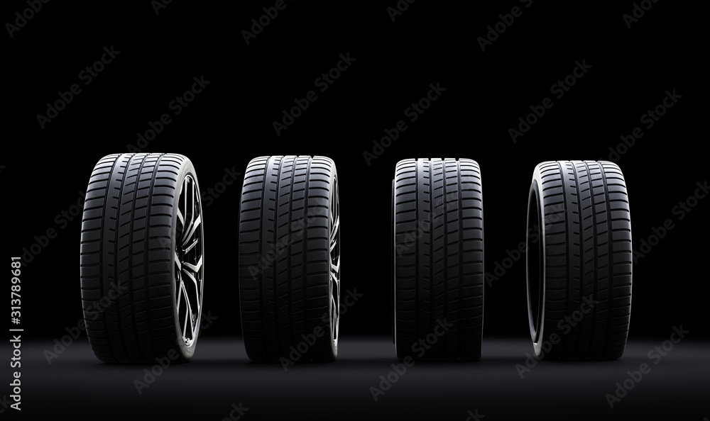 Set of wheels with modern alu rims on black background Stock ...