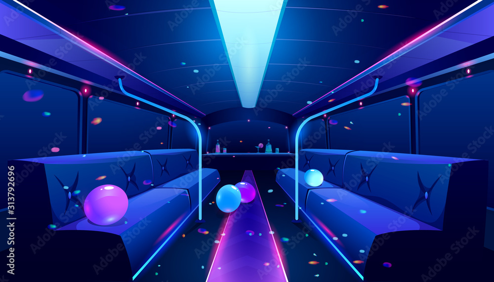 Party bus inside. Vector cartoon illustration of empty limousine ...