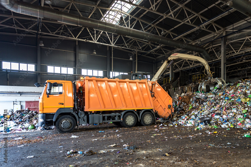 truck throws garbage at sorting modern waste recycling processing plant ...