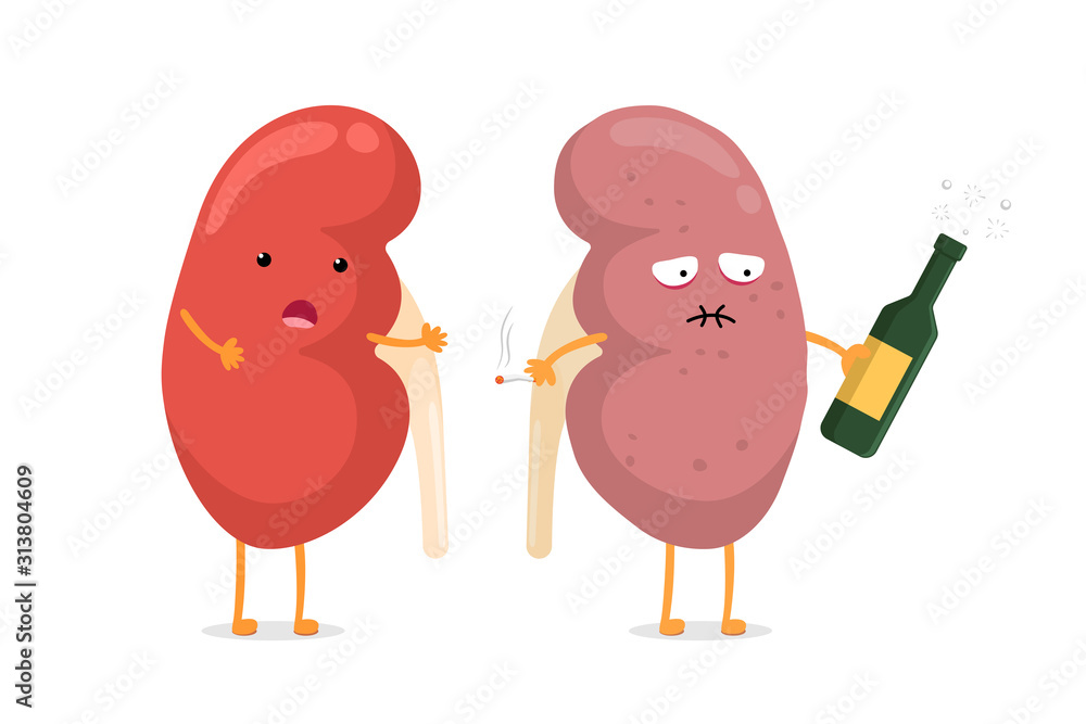 Cute healthy and sad suffering sick kidney character with alcohol and ...