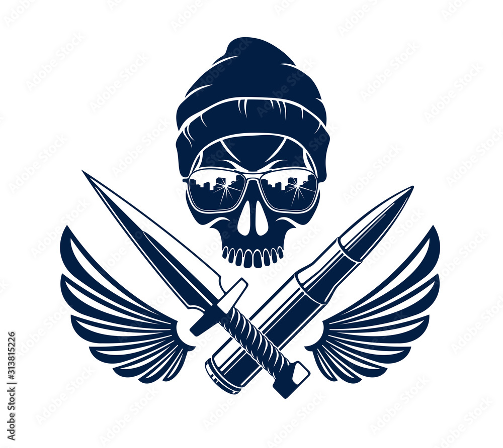 Skull bone head with weapon vintage vector emblem or logo isolated on ...