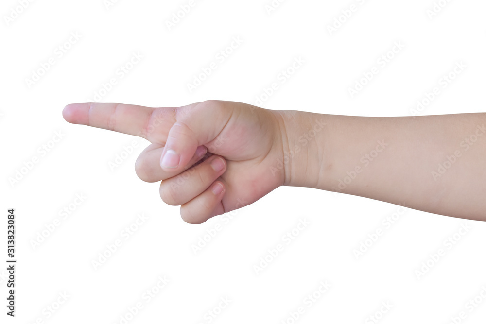 child hand pointing isolated on white background, with clipping path ...
