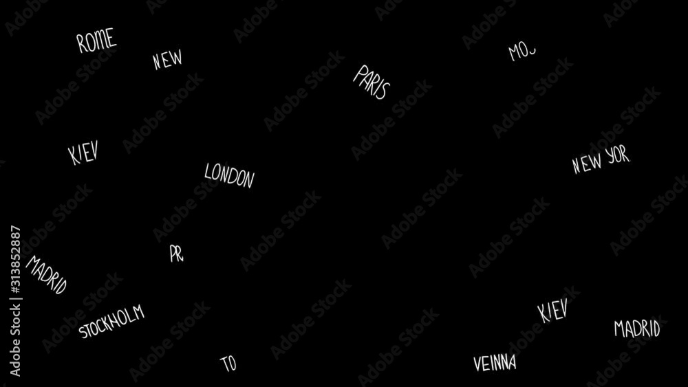 Self drawing travel lettering animated background. Names of cities on ...