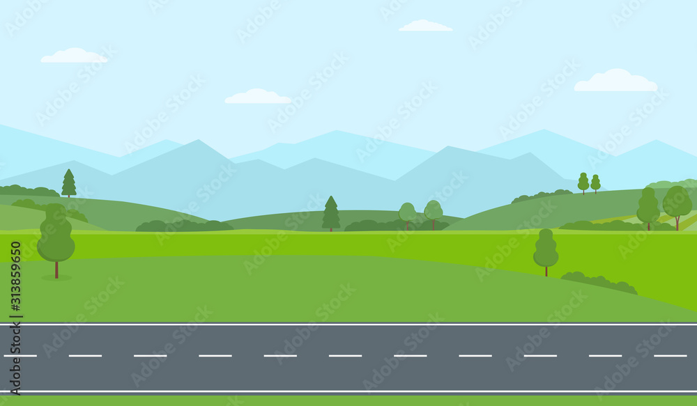 Straight empty road through the countryside. Green hills, blue sky ...