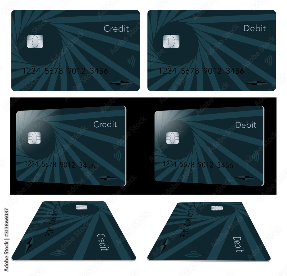 Credit cards and debit cards are shown in 3 positions isolated on a ...
