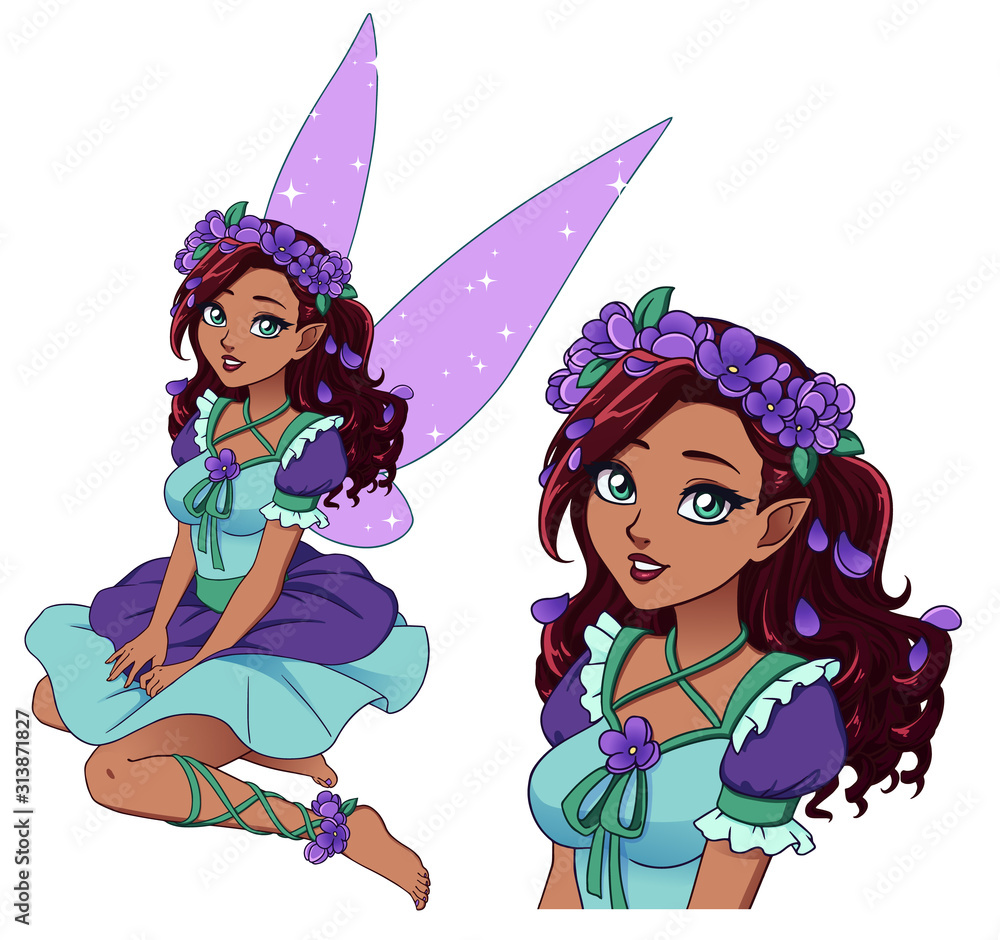 Pretty cartoon fairy with curly black hair and dark skin wearing flower ...