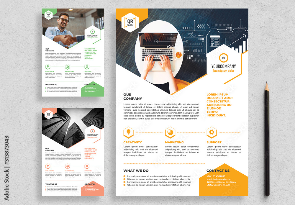 Flyer Layout with Hexagonal Elements Stock Template | Adobe Stock