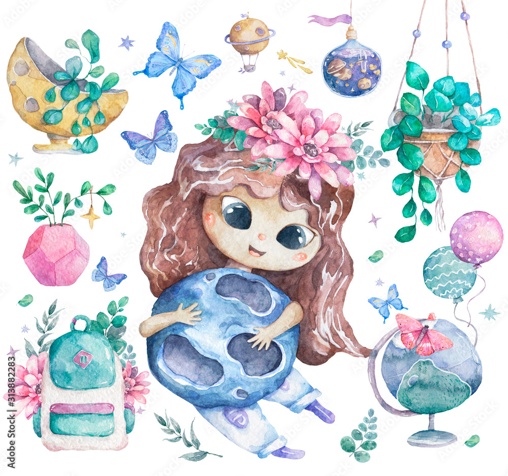 Cute watercolor romantic girl with brown hair on flowers in head and ...
