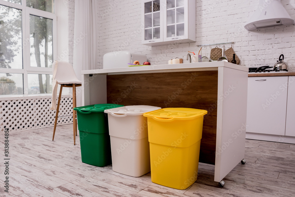 Recycle bins in the kitchen. Household waste sorting. Environmentally ...