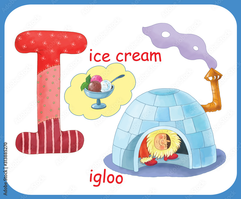 English alphabet. ABC. Capital letter I. Ice cream, igloo. Coloring ...