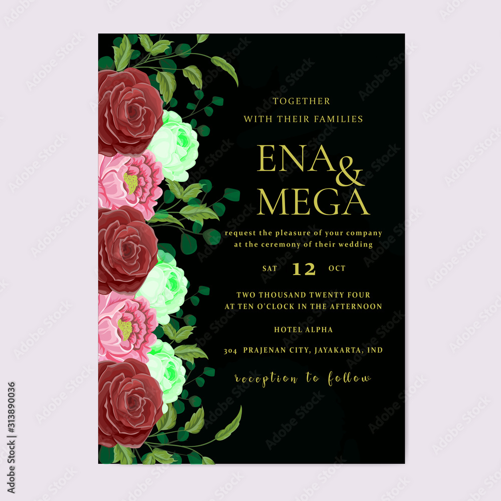wedding invitation card background with beautiful flower and leaves ...