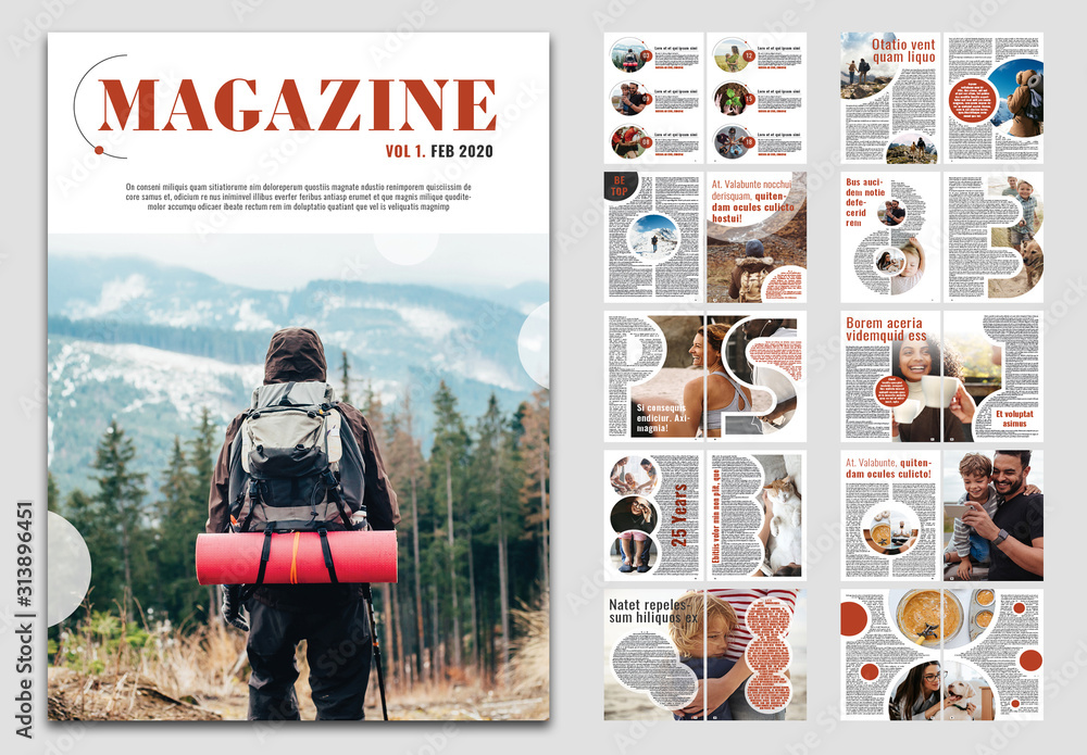 Magazine Layout with Red Accents Stock Template | Adobe Stock