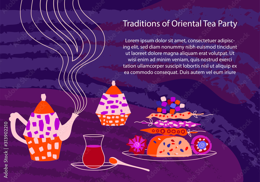 Vector horizontal illustration of arabic sweets and arabic tea party ...