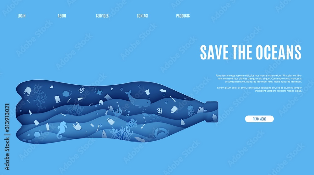Web page stop ocean plastic pollution banner design template in paper ...