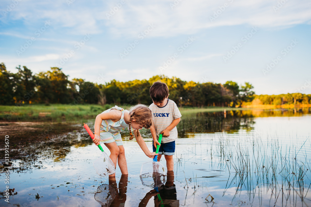 Young girl helping boy catch a fish in his net at the lake Stock Photo ...