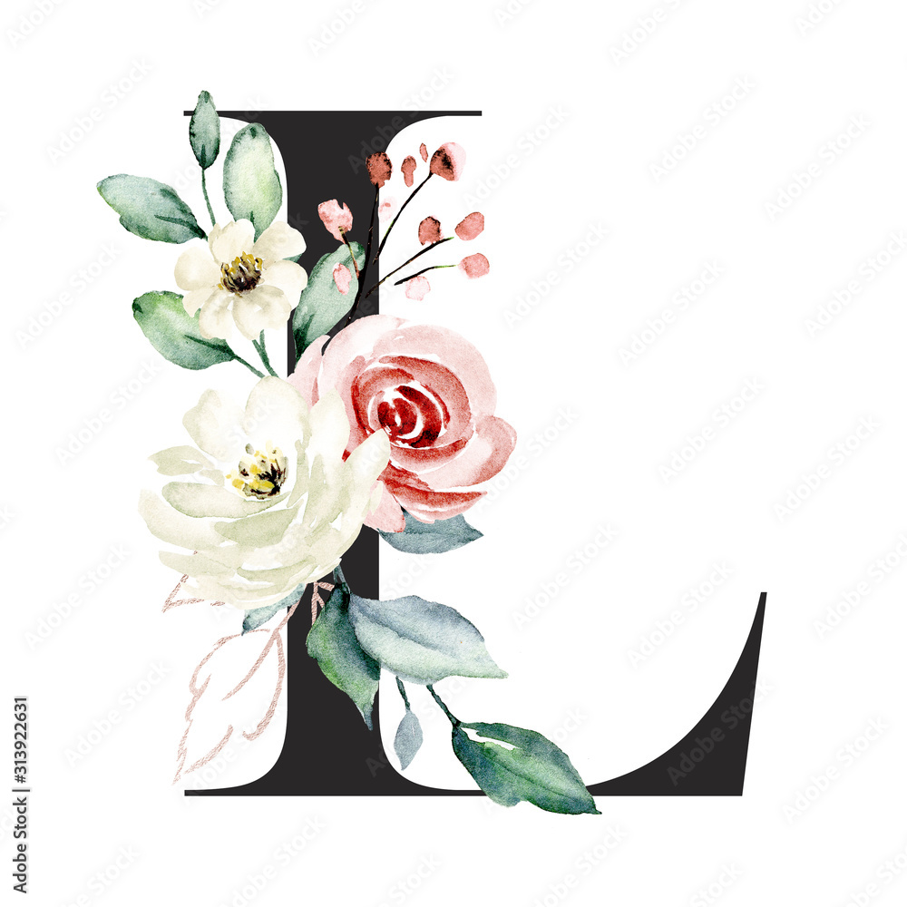 Letter l, alphabet with watercolor flowers roses and leaf. Floral ...