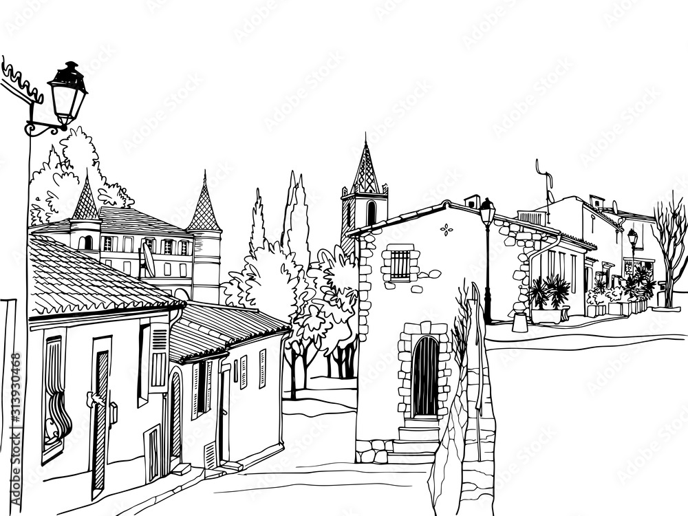 Old street in romantic Provence, France. Urban background in hand drawn ...