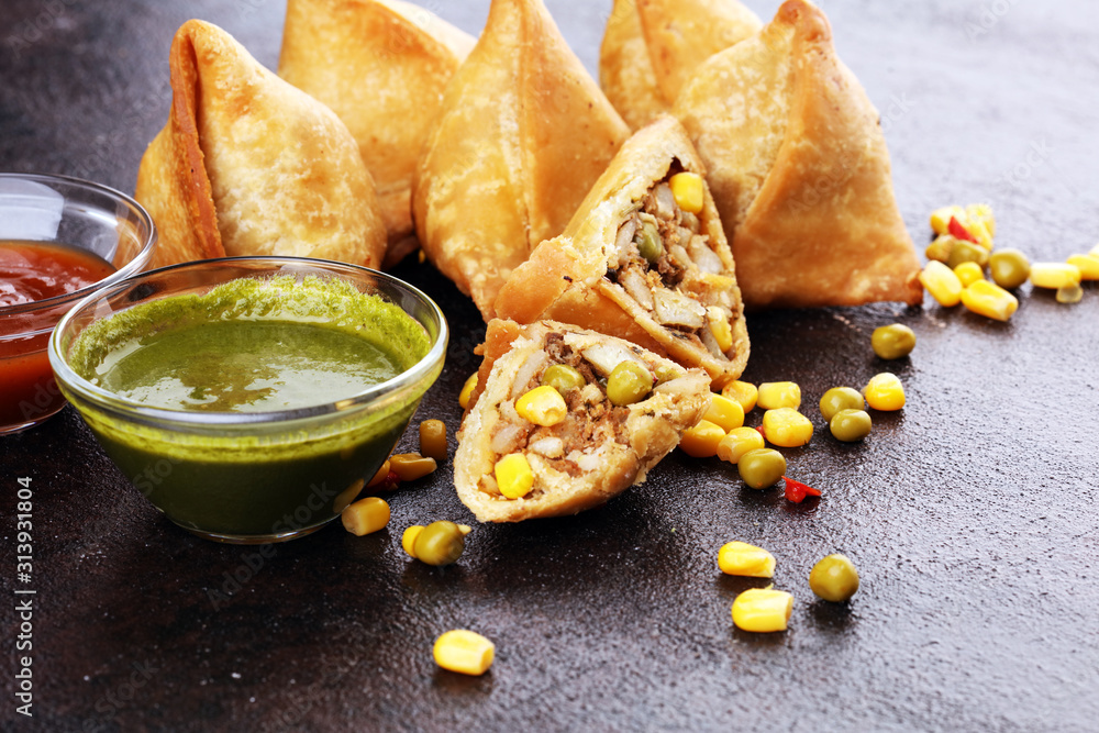 Vegetarian samsa or samosas.Indian special traditional street food ...